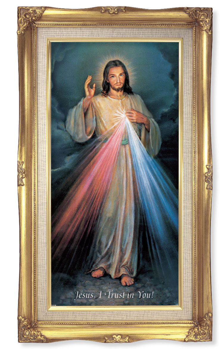 Divine Mercy Gold-Leaf Frame with Linen Border Art – Catholic Faith Store