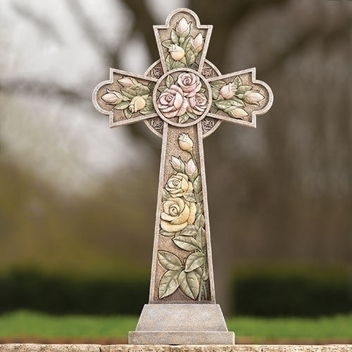 Graceful 26-Inch Resin Stone Garden Cross with Roses – Catholic Faith Store
