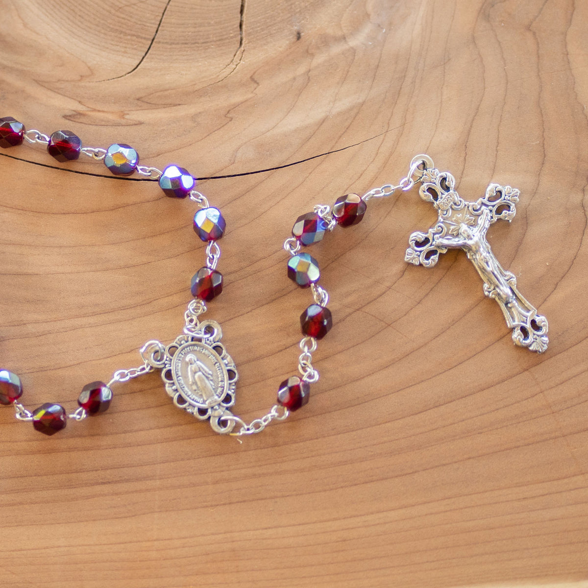 January Dark Red Aurora Glass Bead Rosary