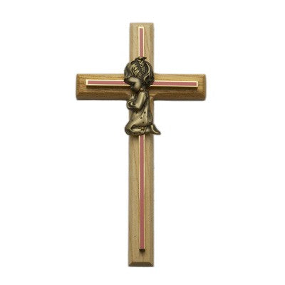 Praying Girl Baby Cross - Pink Enamel Oak Wood 8x4.25