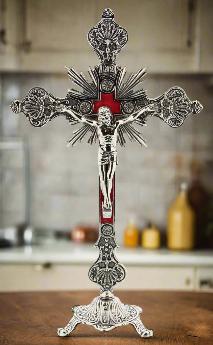 Ornate Standing Crucifix with Base – Silver-Tone & Red Enamel ...