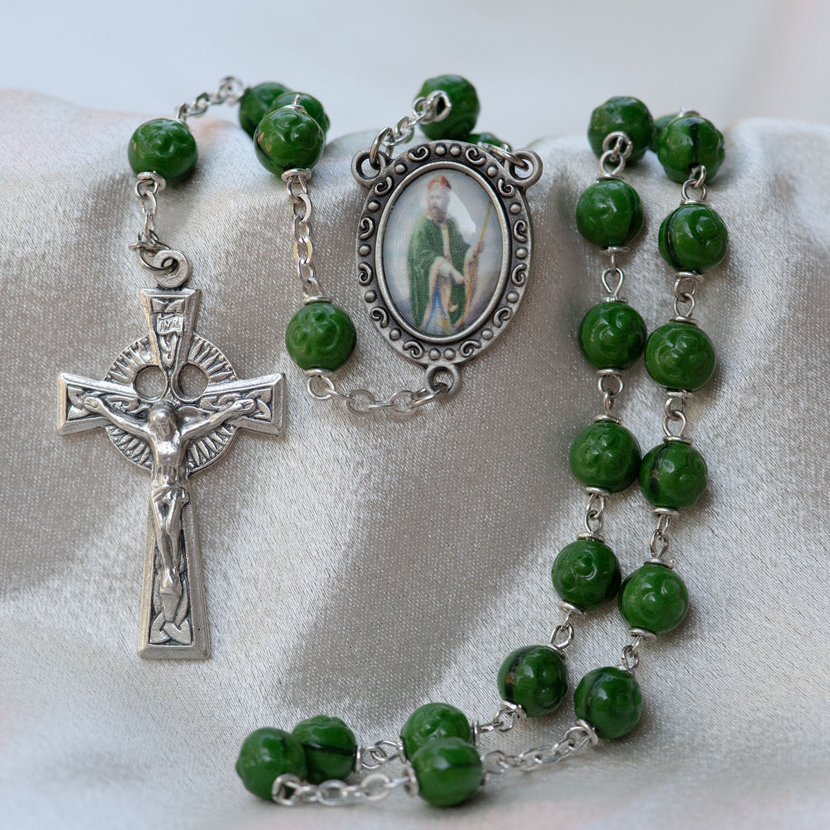 St. Patrick Green Glass Rosary | Catholic Faith Store